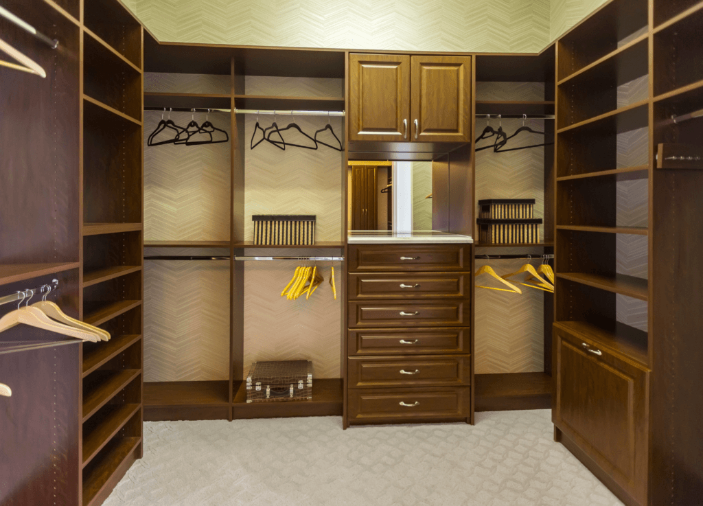 Elegant Walk in Closet with Wooden Wardrobe Design and Custom Storage ...