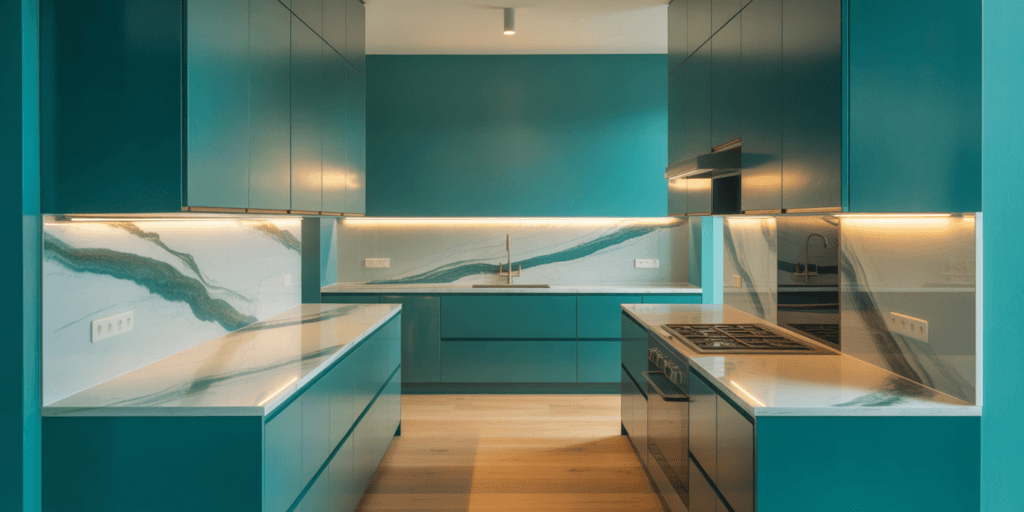 Teal Green U Shaped Kitchen Design with Quartz Countertop and Ambient ...